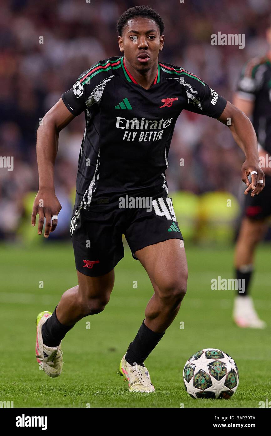 Madrid, Spain. 16th Apr, 2025. Myles Lewis-Skelly of Arsenal FC seen in ...