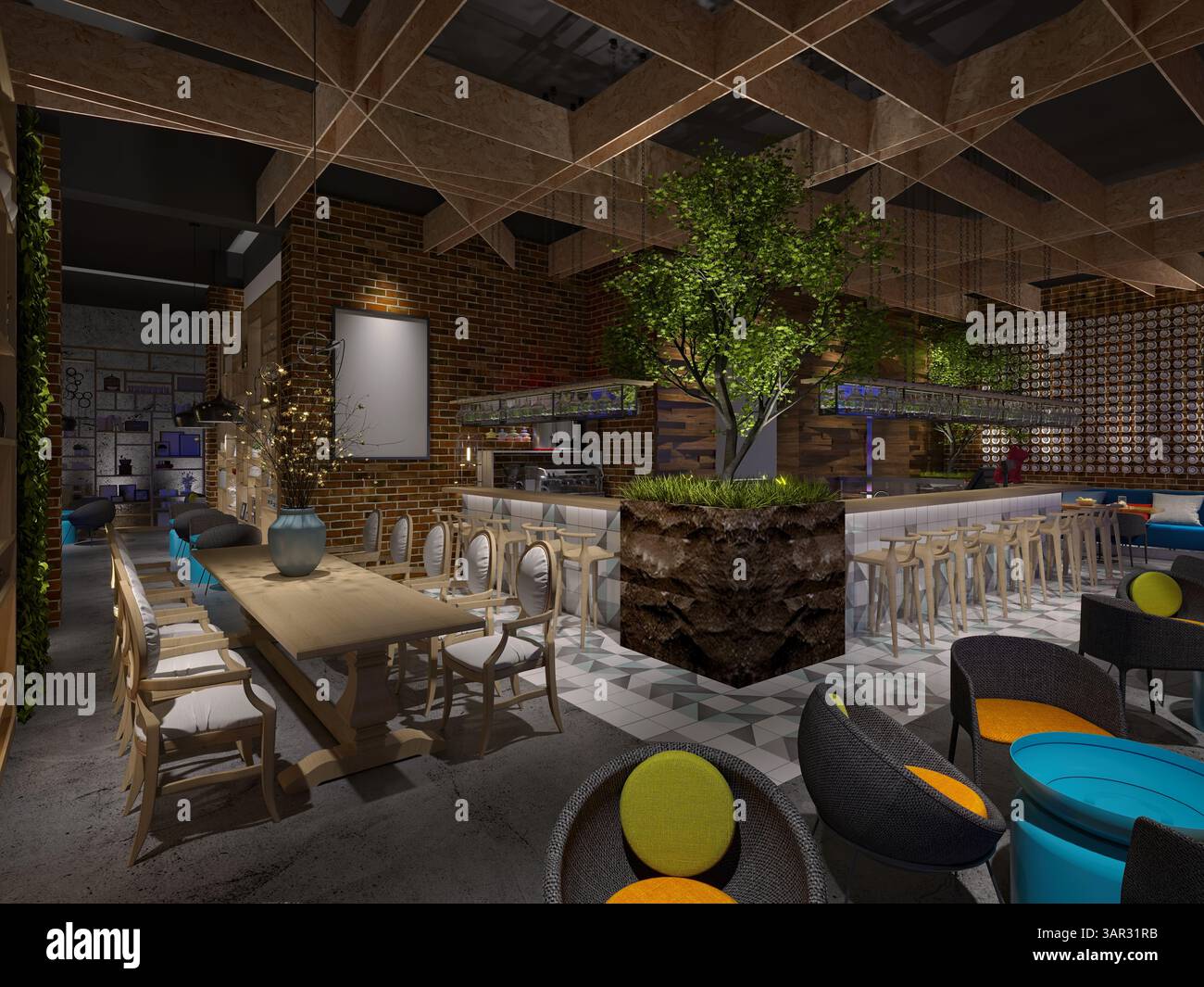 3d render restaurant cafeteria interior Stock Photo - Alamy