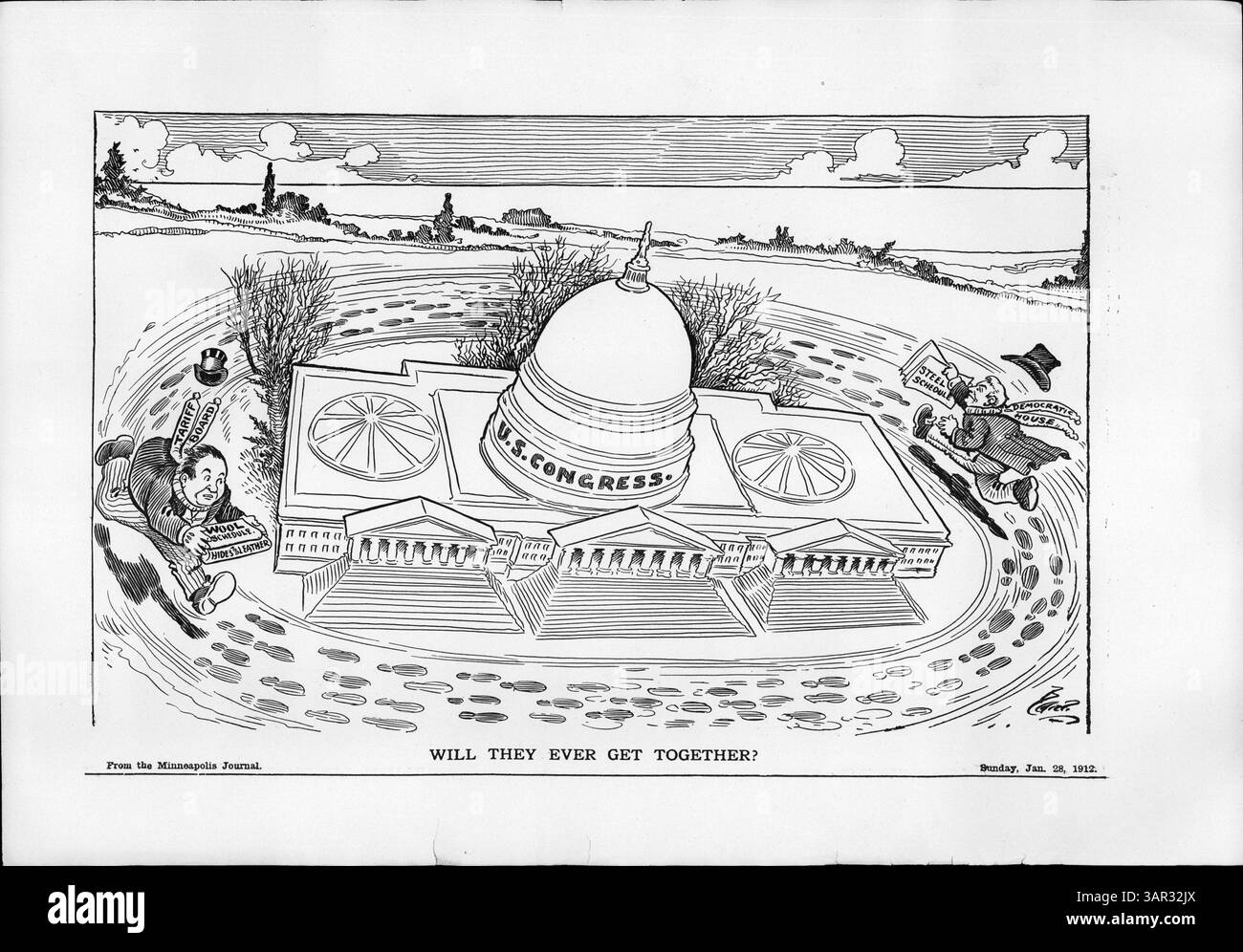 This cartoon depicts two men running around the U.S. Capitol, each ...