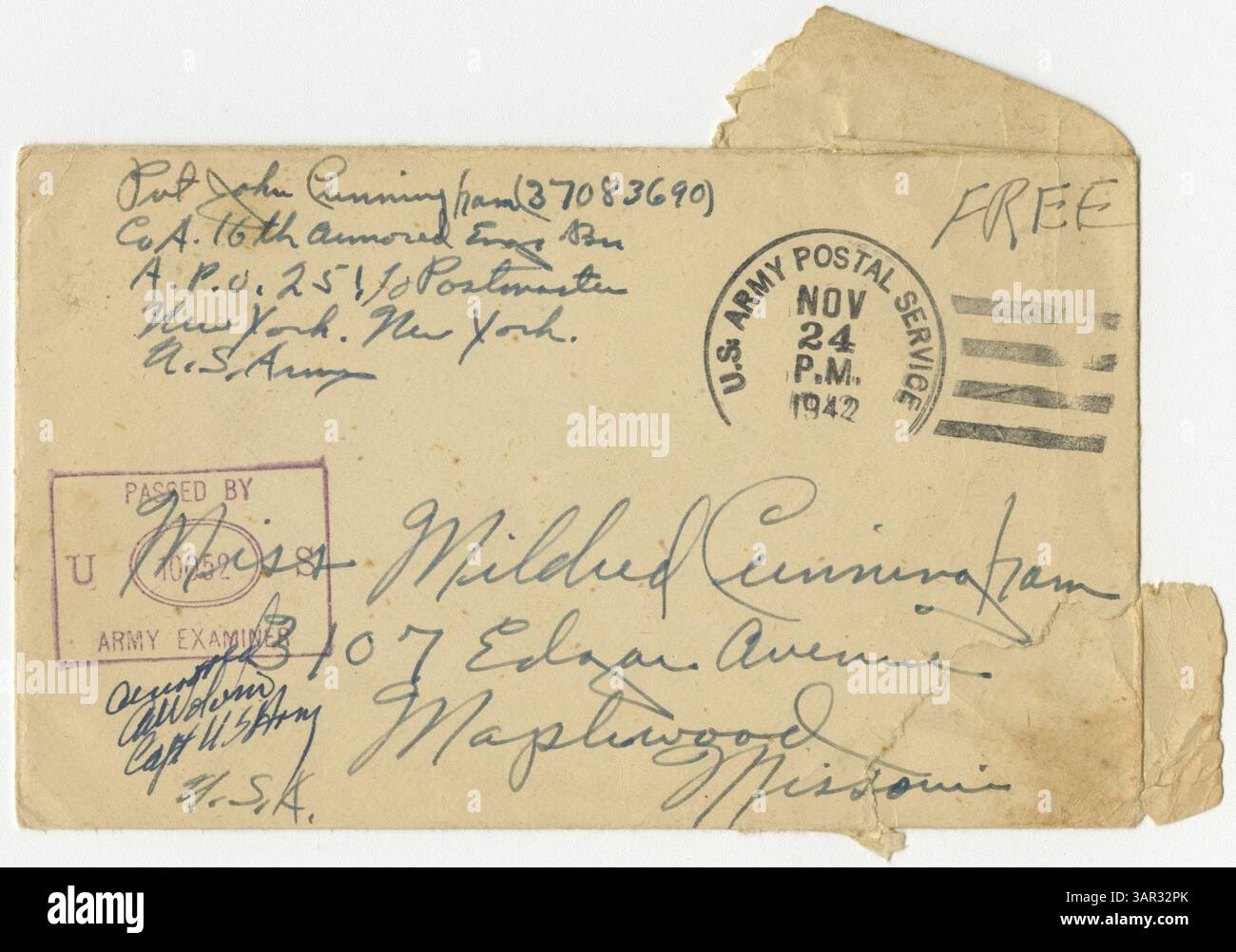 A signed letter from John Cunningham in New York to Miss Mildred Cunningham, dated November 21 ...