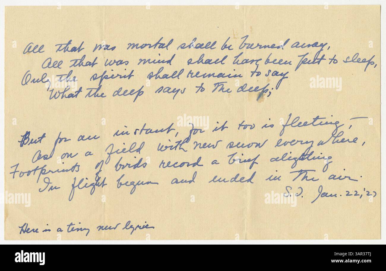 A poem by Sara Teasdale, written to Ernst Filsinger on January 22, 1927 ...