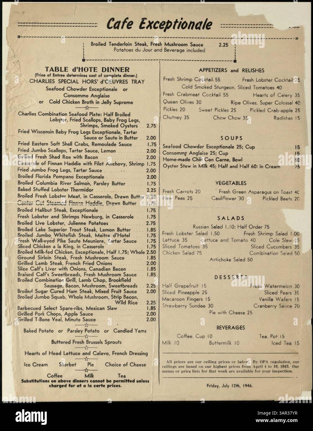 A menu from Charlie's Cafe Exceptionale in 1946, listing a variety of ...