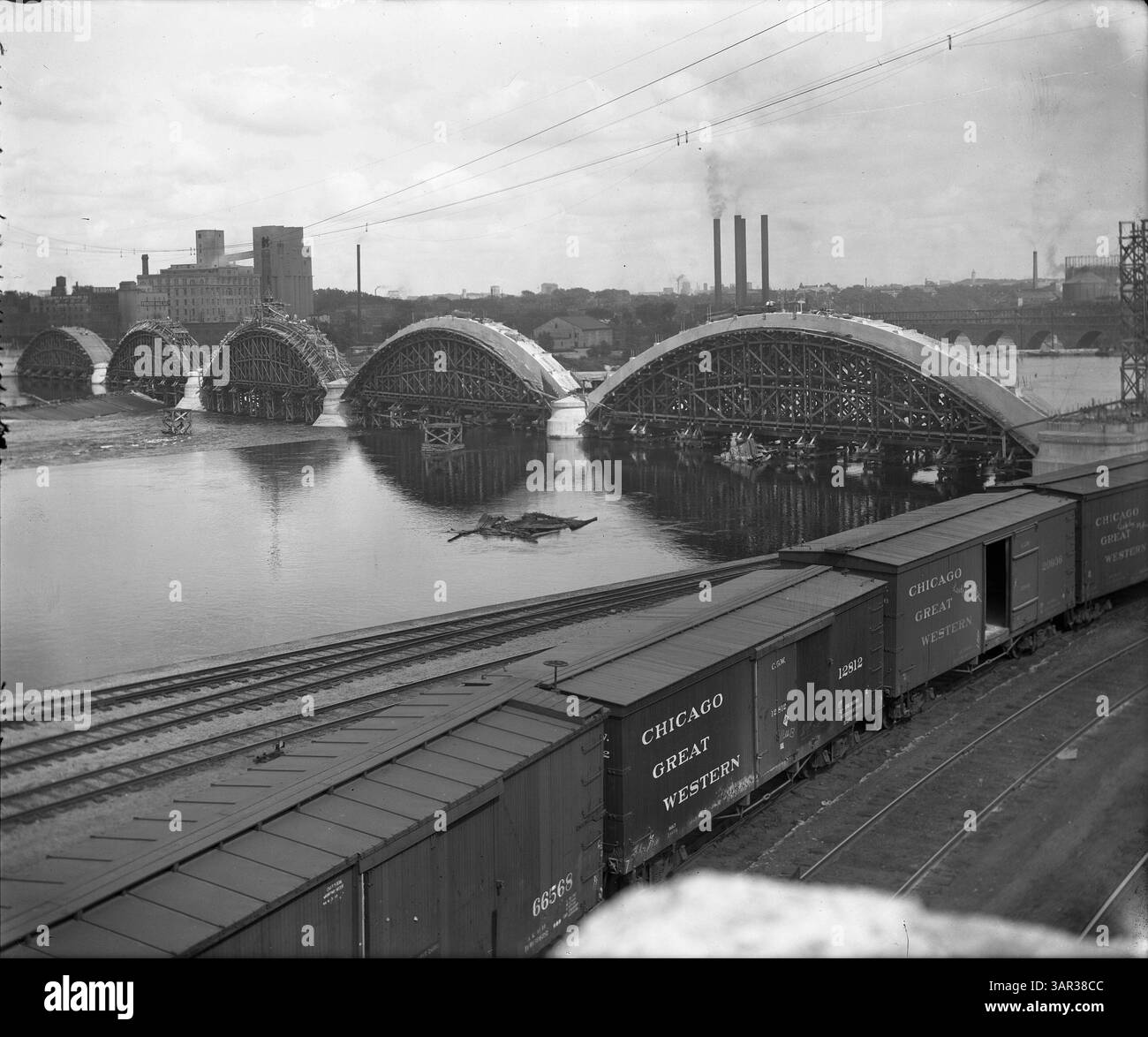 The photograph captures the setting of steel for the construction of ...