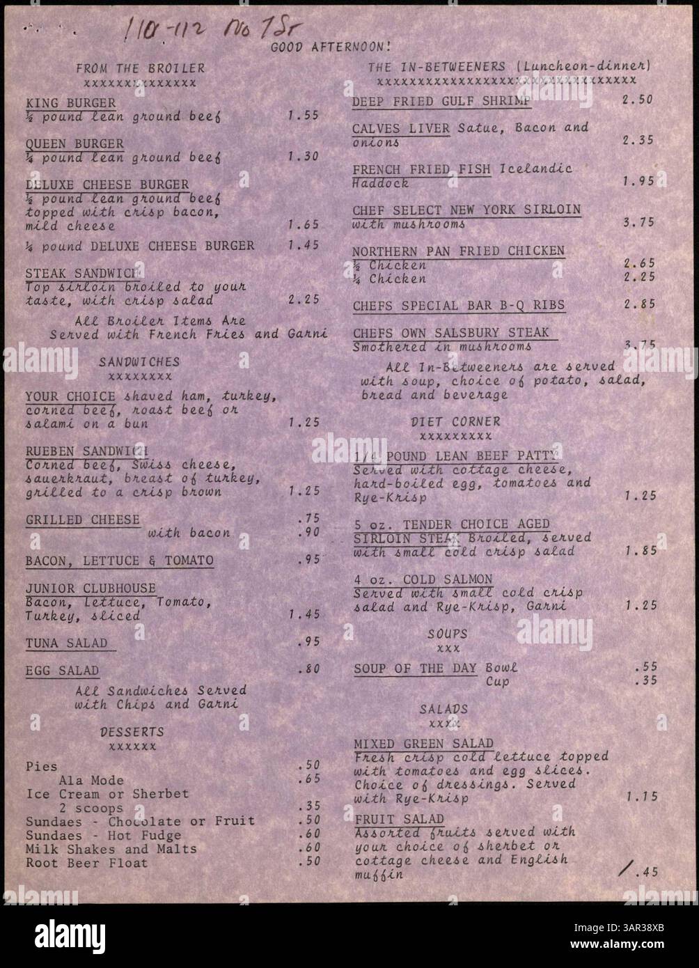 The menu from 'Inn-Between' features daily specials, burgers ...