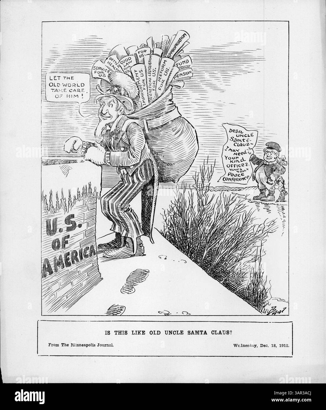 A political cartoon featuring Uncle Sam standing on a roof with a sack ...