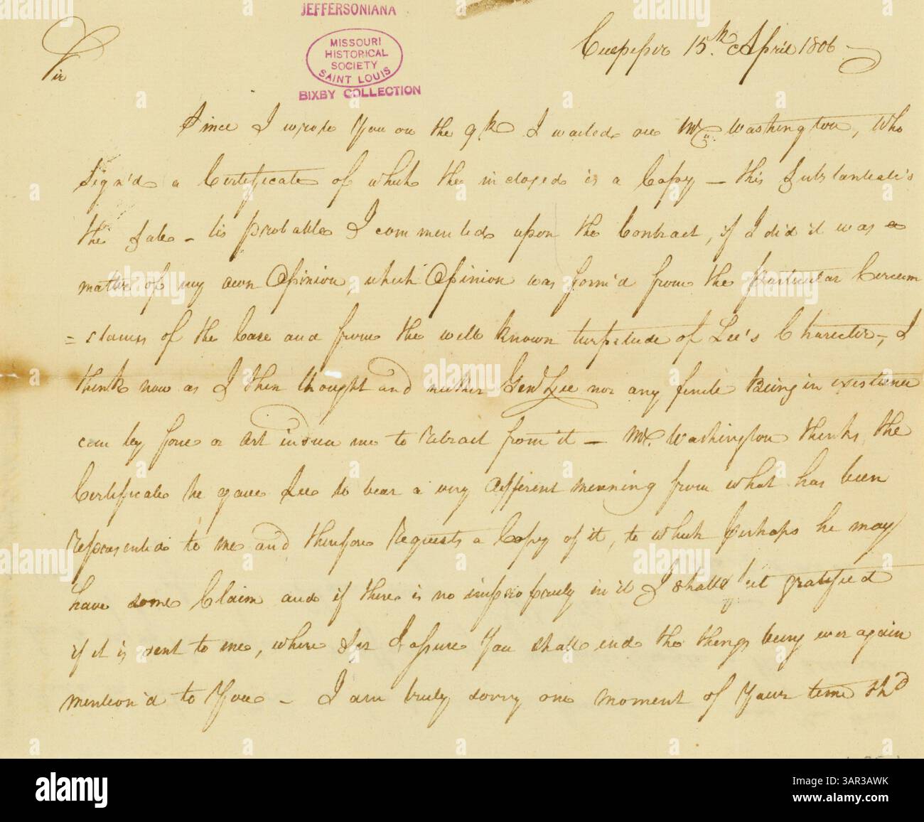 In this 1806 letter, Thomas Strode informs Thomas Jefferson about the ...