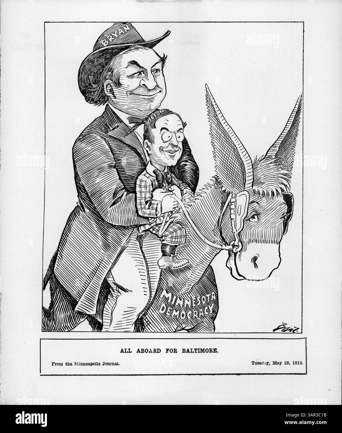 This political cartoon depicts William Jennings Bryan riding a donkey ...