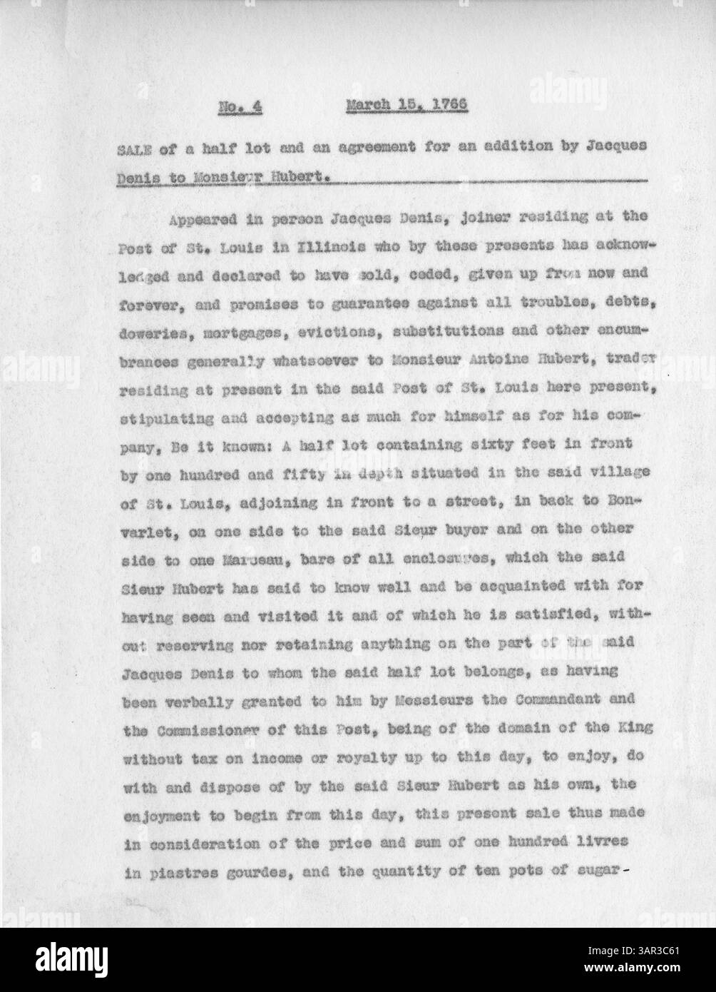 This document, dated March 15, 1766, outlines the sale of a half lot ...