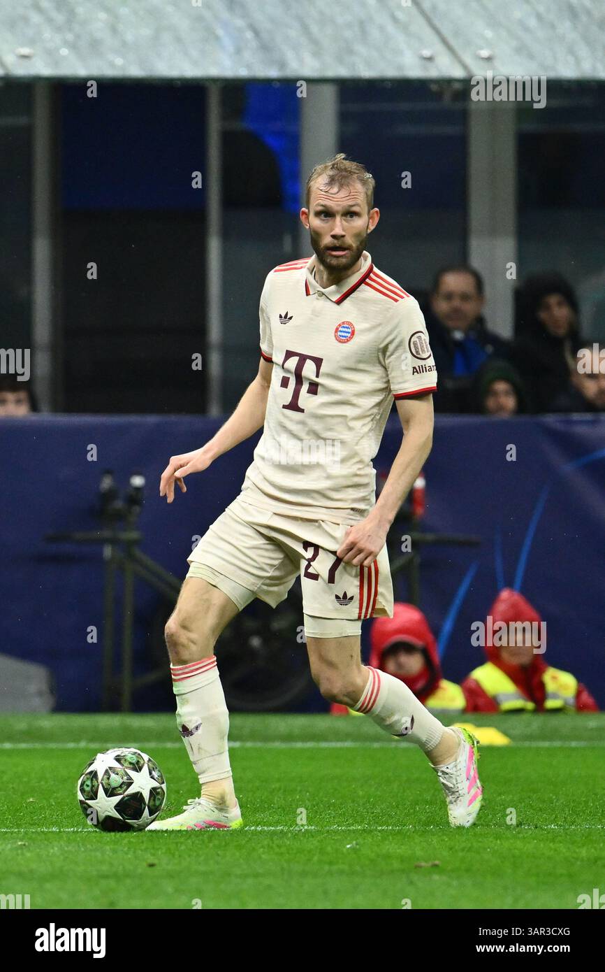 San Siro Stadium on April 16, 2025 in Milan, Italy. Konrad Laimer of F.C. Bayern München is in ...