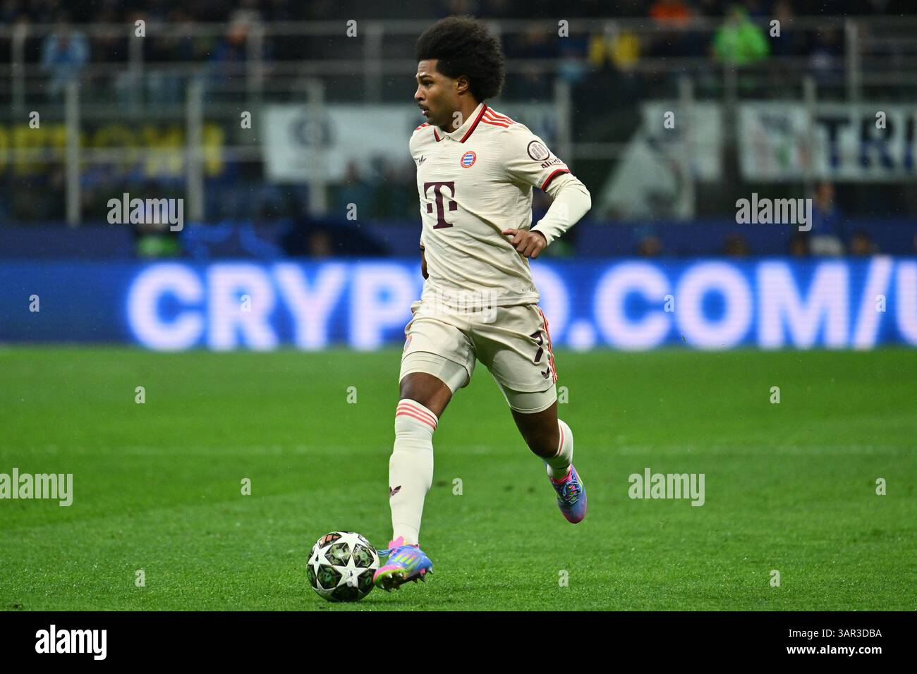 Milan, Italy. 17th Apr, 2025. Serge Gnabry of F.C. Bayern Munchen is in action during the UEFA ...