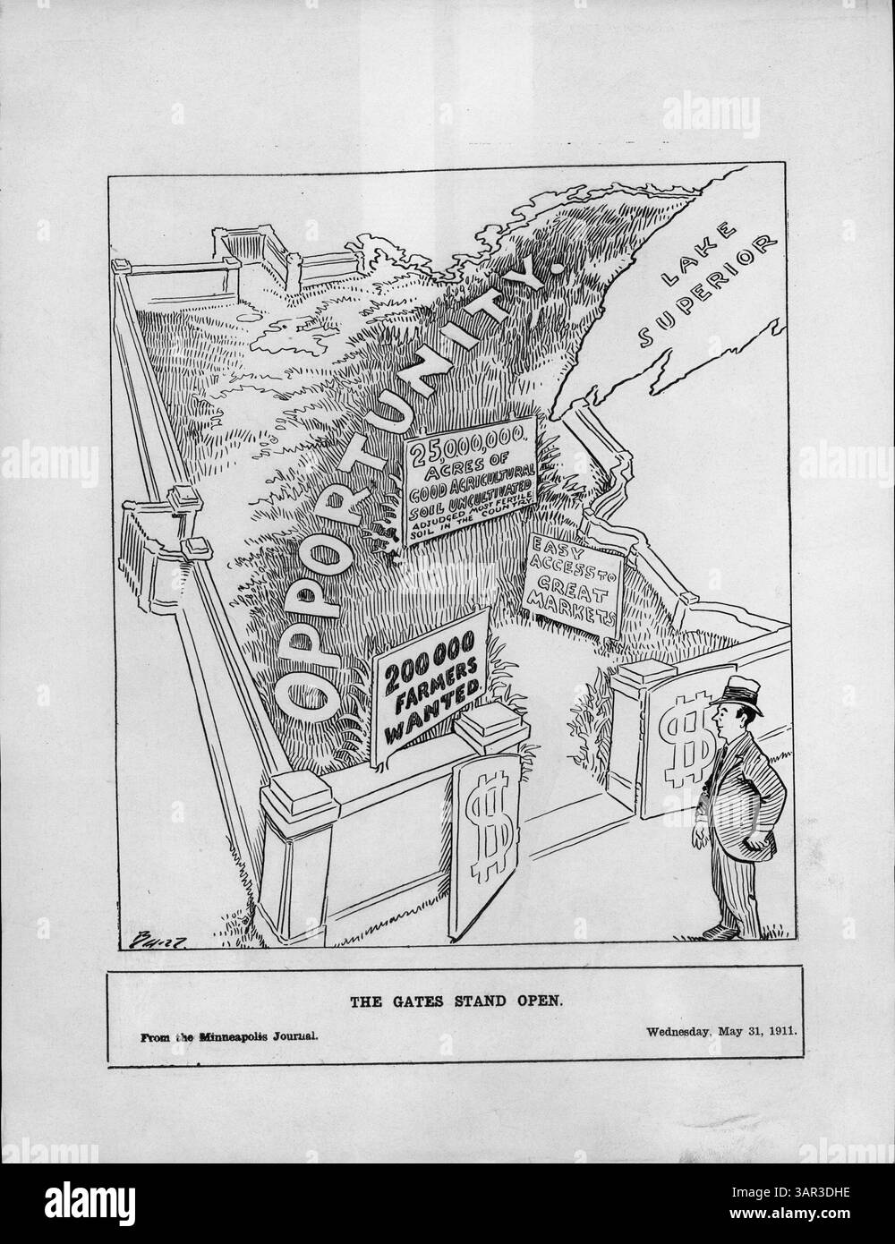 The illustration titled 'The Gates Stand Open' depicts Minnesota as a ...