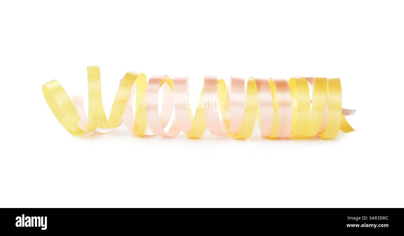 Yellow and pink serpentine streamers on white background Stock Photo ...