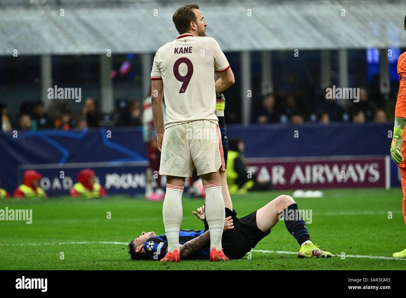 Milan, Italy. 17th Apr, 2025. Harry Kane of F.C. Bayern Munchen and Alessandro Bastoni of F.C ...