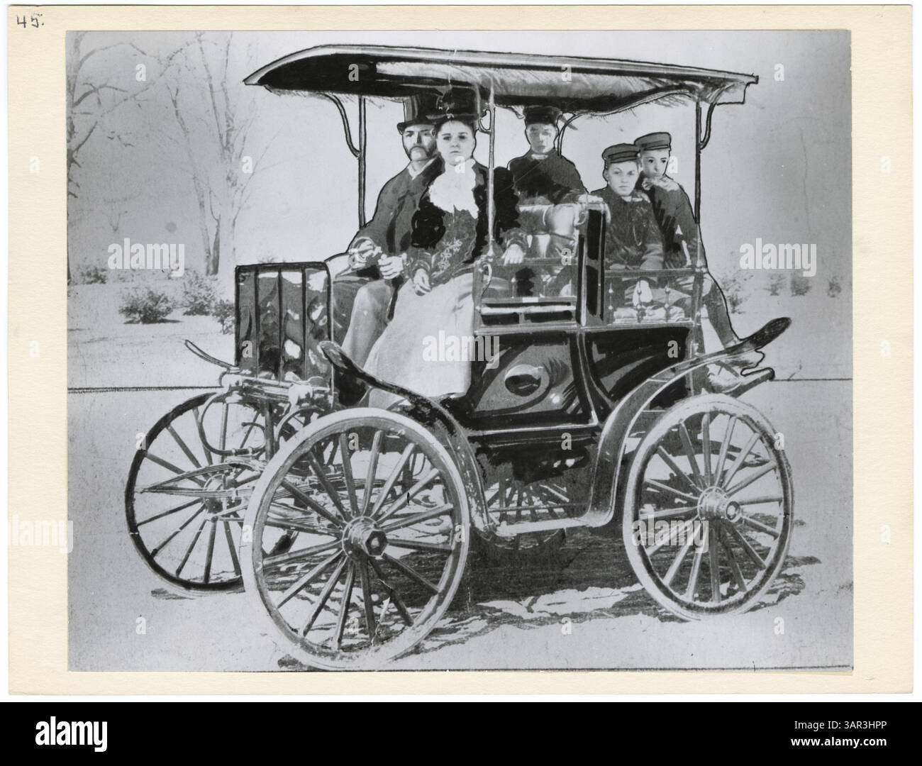Photograph of a homemade automobile from 1898, showing five passengers ...