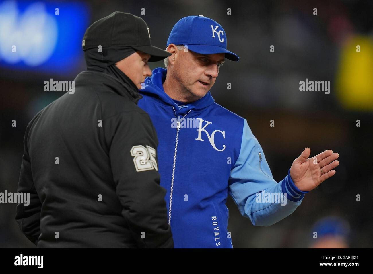 Kansas City Royals manager Matt Quatraro argues a call with first base ...