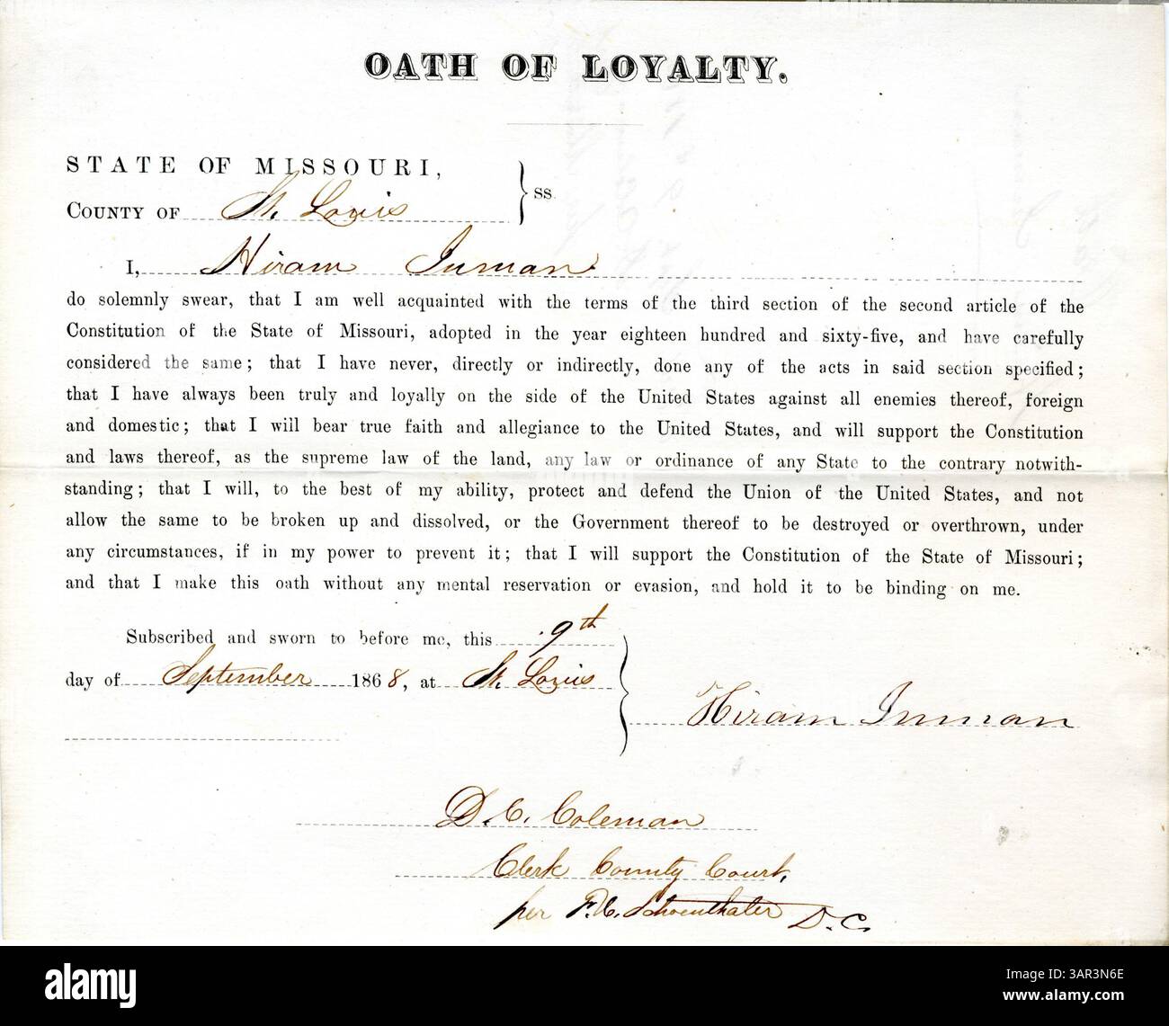 Hiram Inman of St. Louis, Missouri, swore an oath of allegiance to the ...