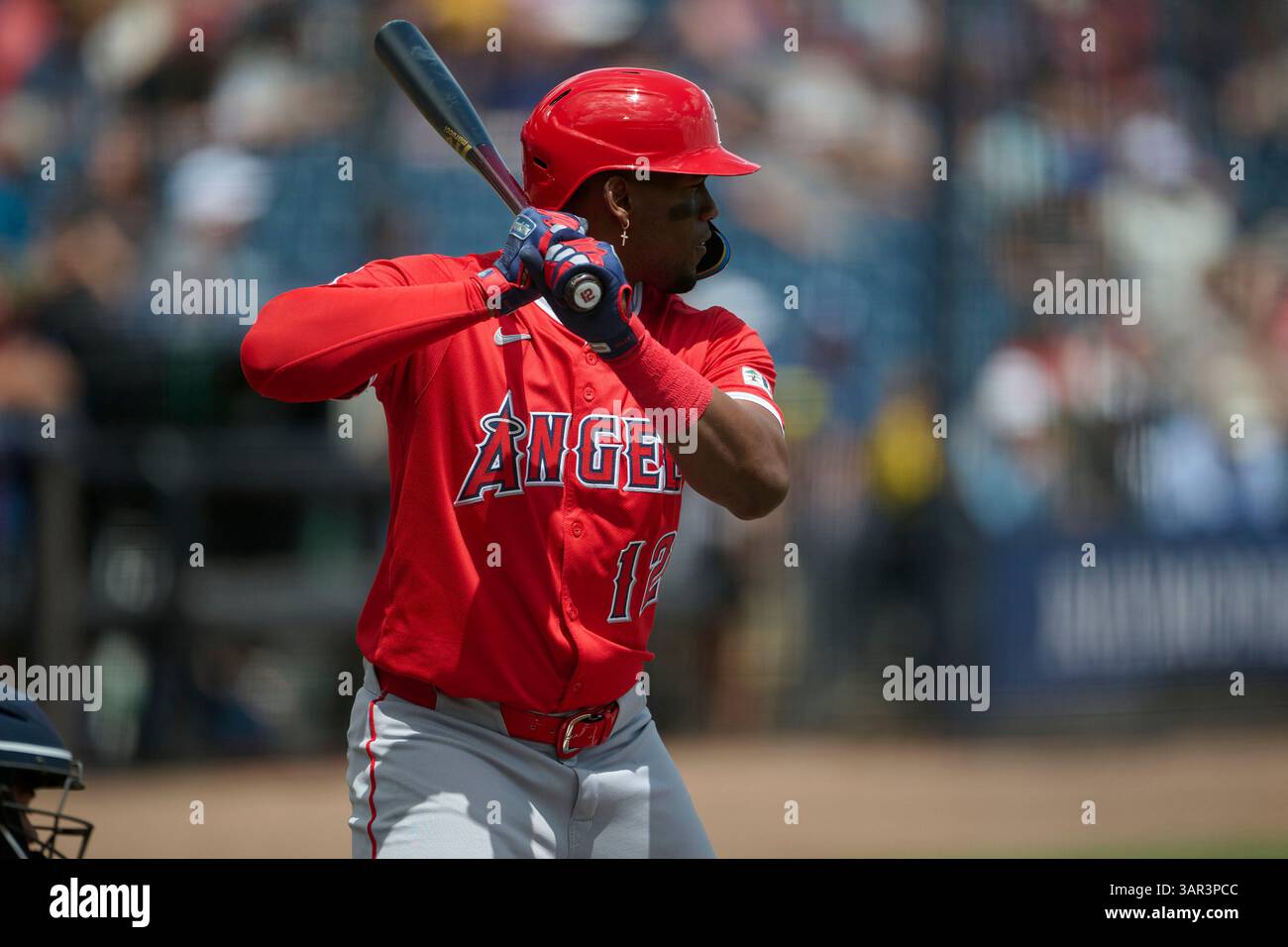 Los Angeles Angels Jorge Soler (12) bats in the top of the first inning ...