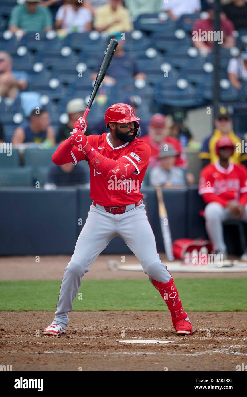 Los Angeles Angels Jo Adell (7) bats in the top of the fifth inning ...