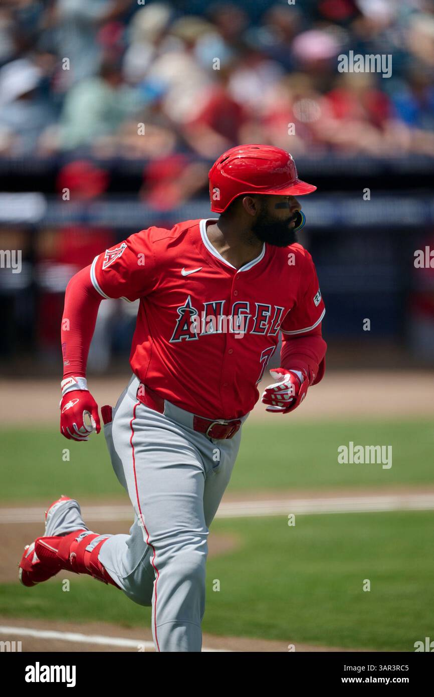 Los Angeles Angels Jo Adell (7) rounds the bases after hitting a home ...