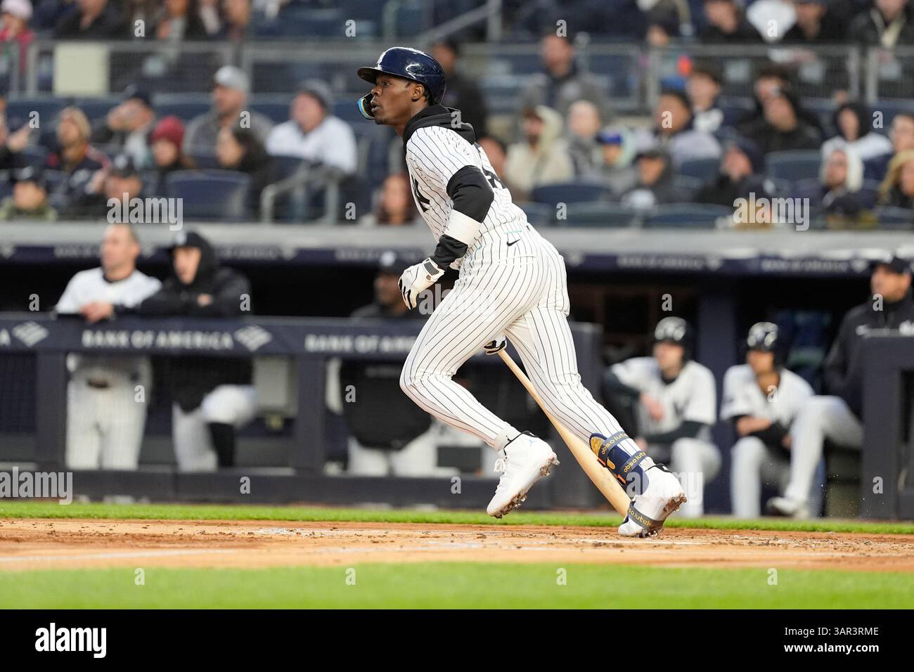 BRONX, NY - APRIL 16: New York Yankees Second Baseman Jazz Chisholm Jr. (13) runs out a single ...