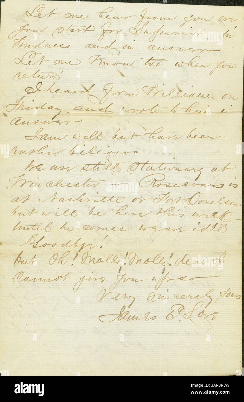 This letter from James E. Love, written at his camp in Winchester ...