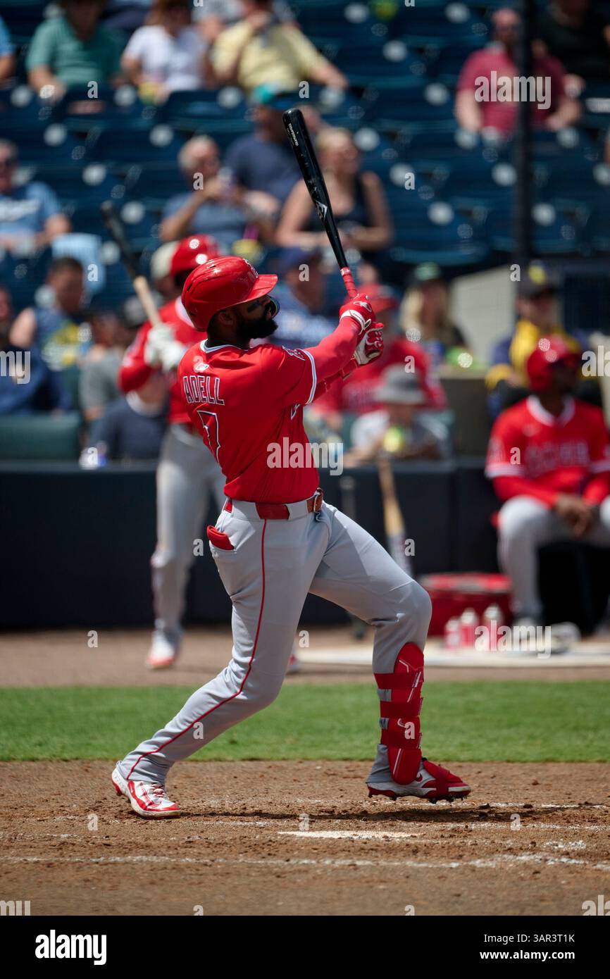 Los Angeles Angels Jo Adell (7) hits his second home run in the top of ...