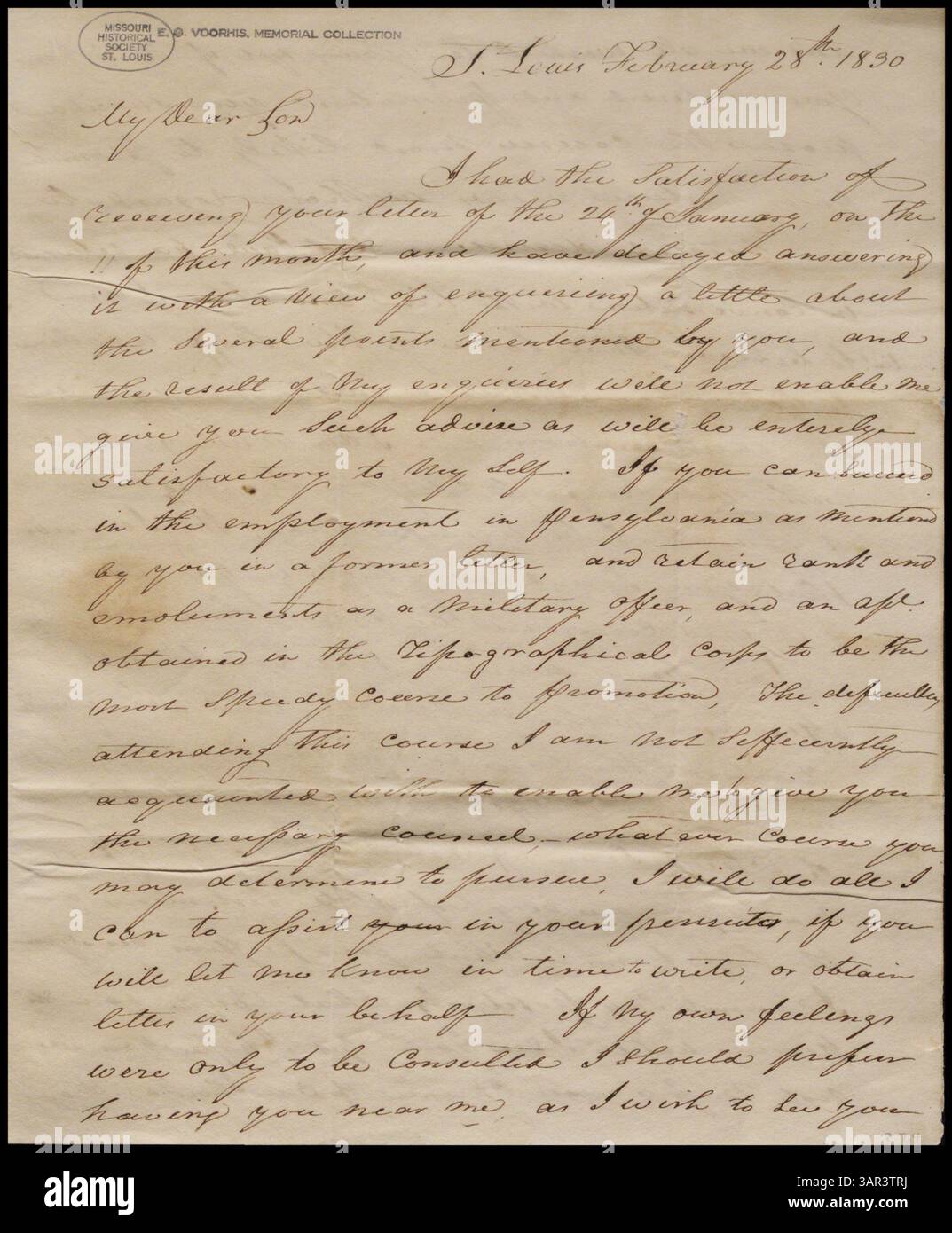 A letter dated February 28, 1830, from William Clark in St. Louis to ...