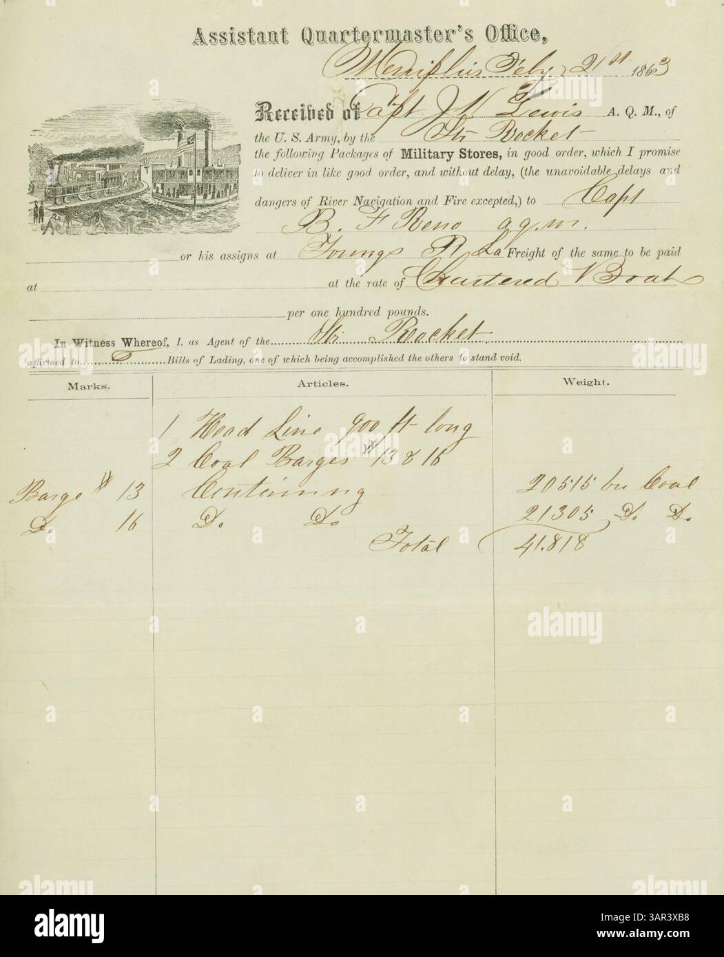 This receipt details the delivery of military supplies from Captain J ...