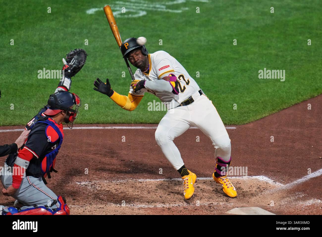 Pittsburgh Pirates' Andrew McCutchen (22) gets out of the way of a high ...