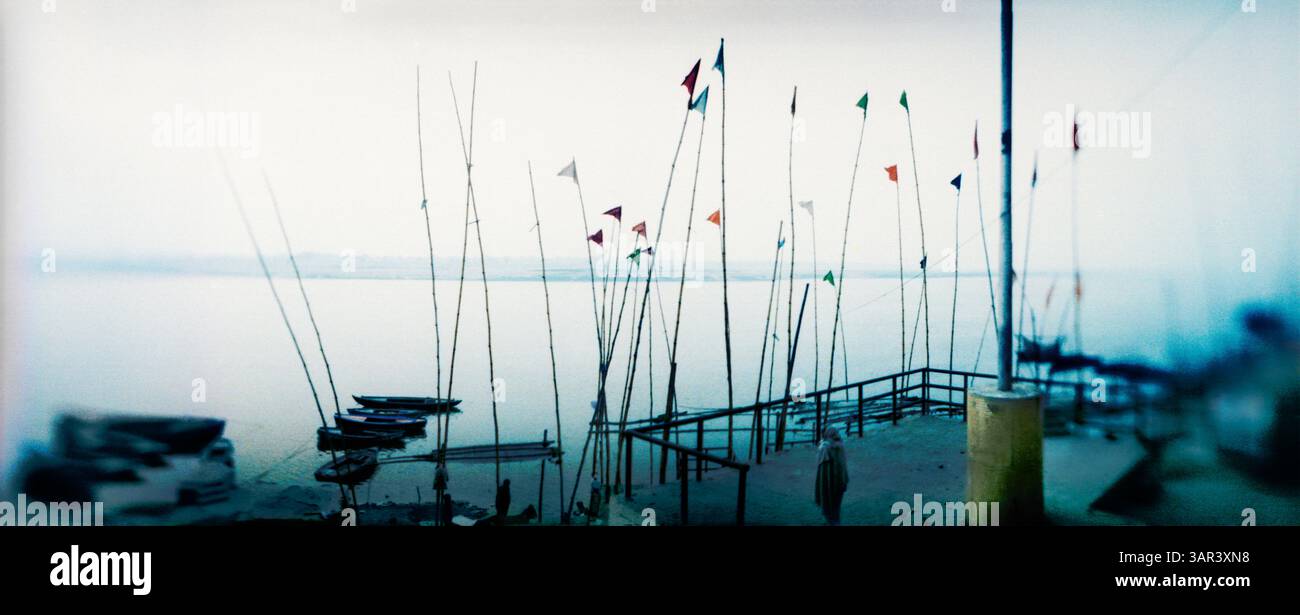 Panoramic view of flags on the ghat, Ganges River, Varanasi, Uttar ...