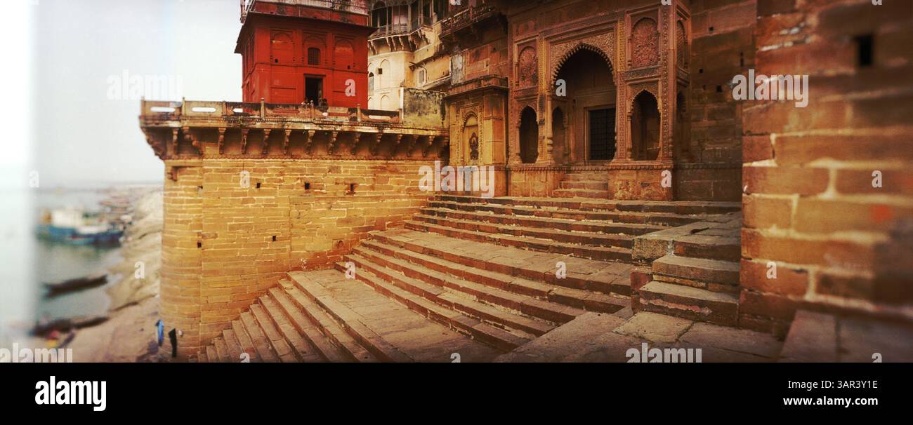 Panoramic view of temple at a ghat, Ganges River, Varanasi, Uttar ...