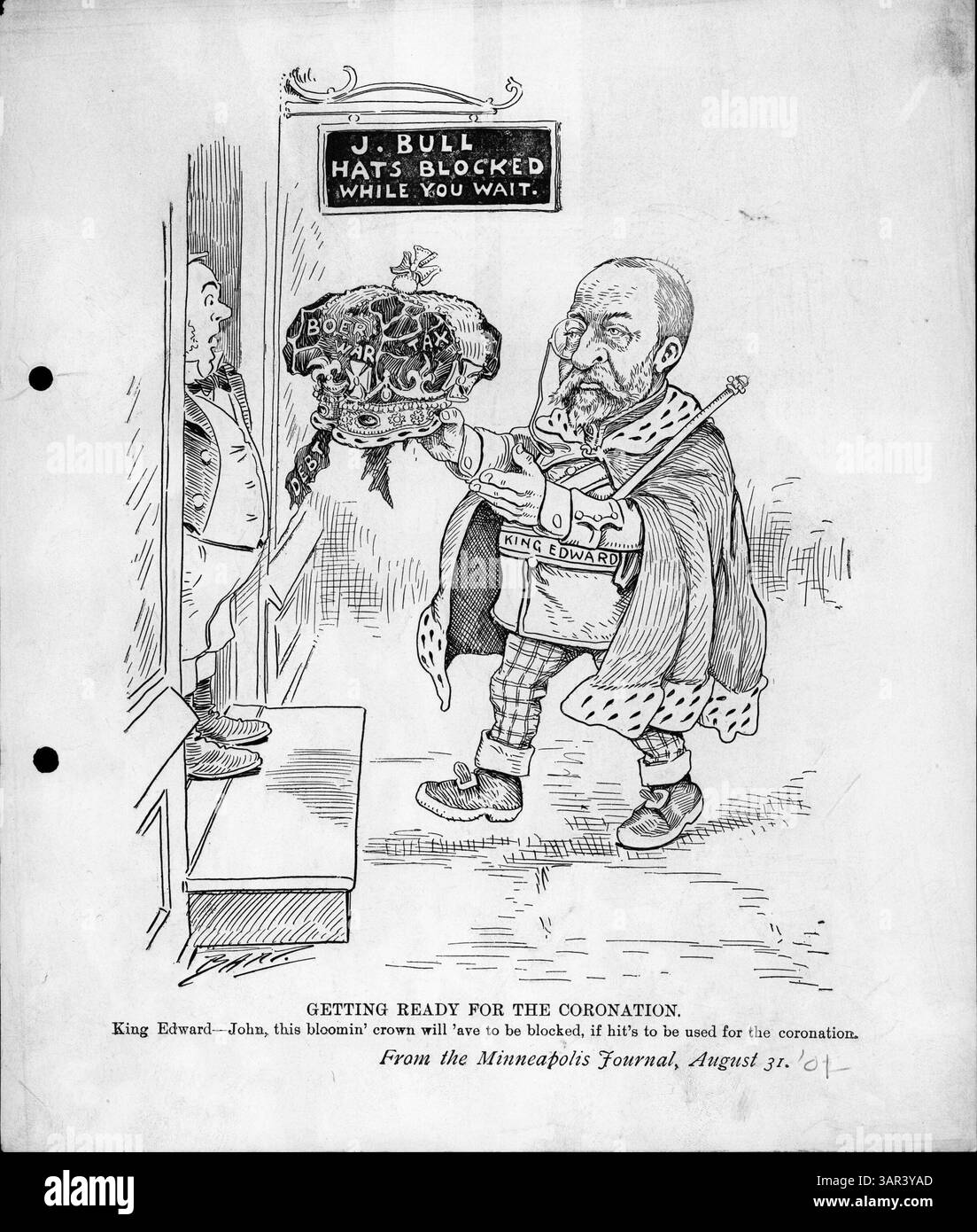 The illustration depicts King Edward bringing his crown to John Bull ...