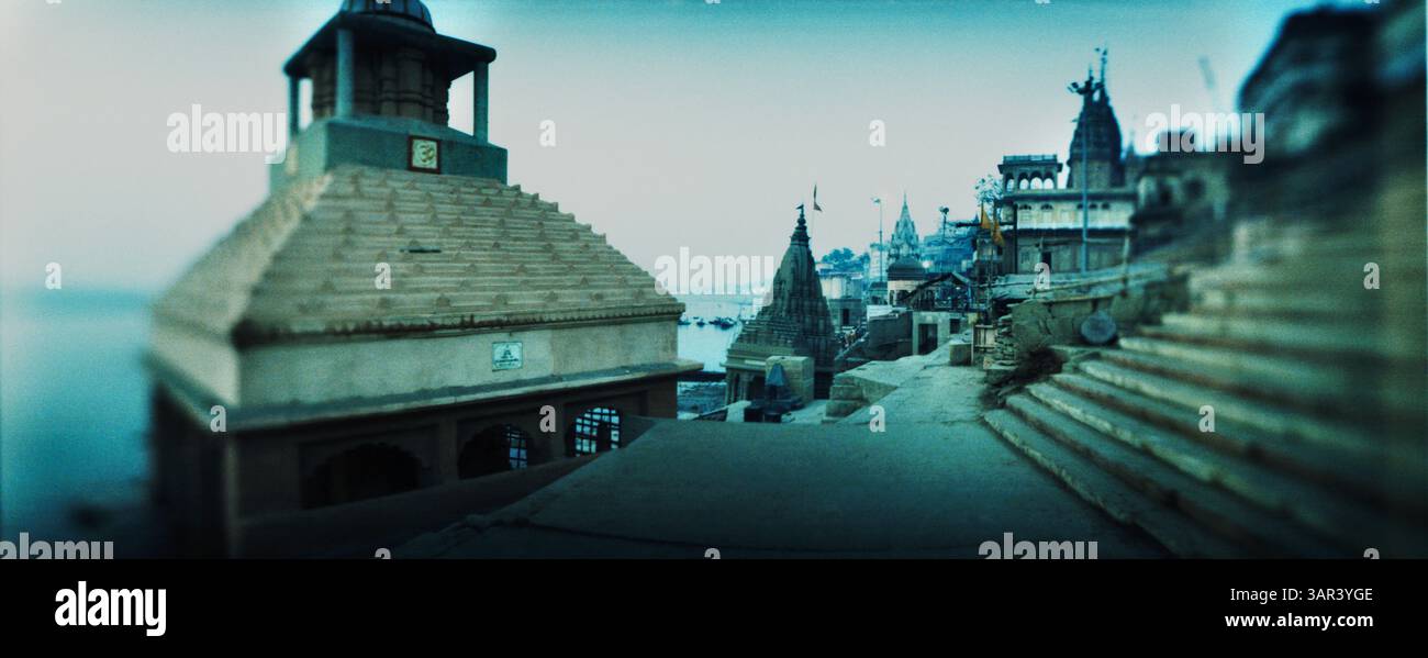 Panoramic view of temples and ghats along the Ganges River, Varanasi ...