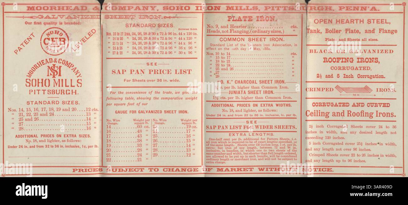Price list from Moorhead and Company, Soho Iron Mills, detailing their ...