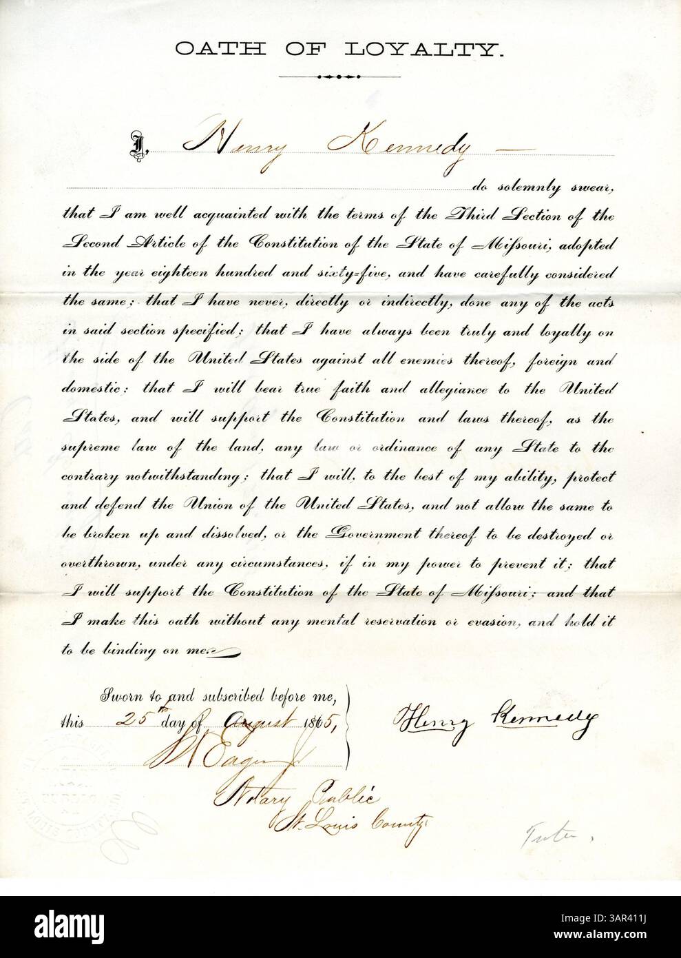 This document shows Henry Kennedy's sworn loyalty to the United States ...
