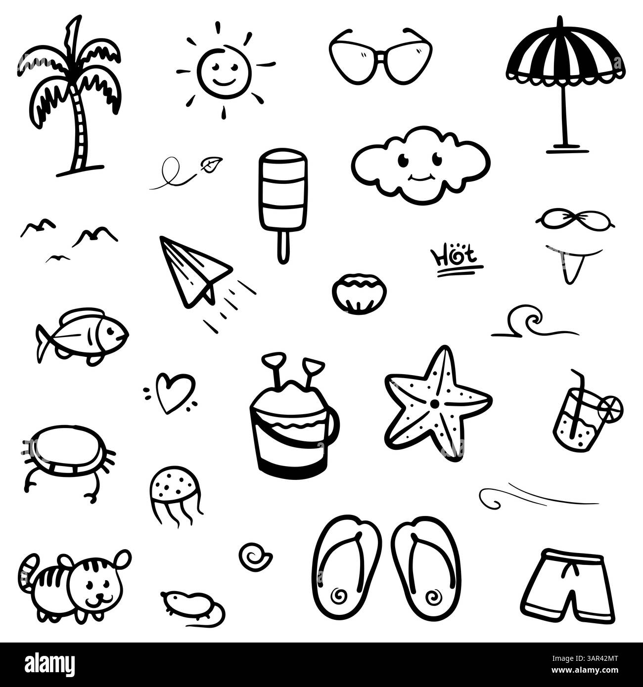 Hand drawn of summer themes. Thin black line abstract doodle beach vacation tools in multiple ...