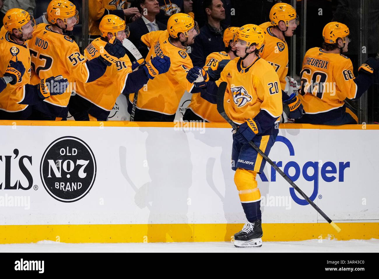 Nashville Predators defenseman Justin Barron (20) celebrates his goal ...