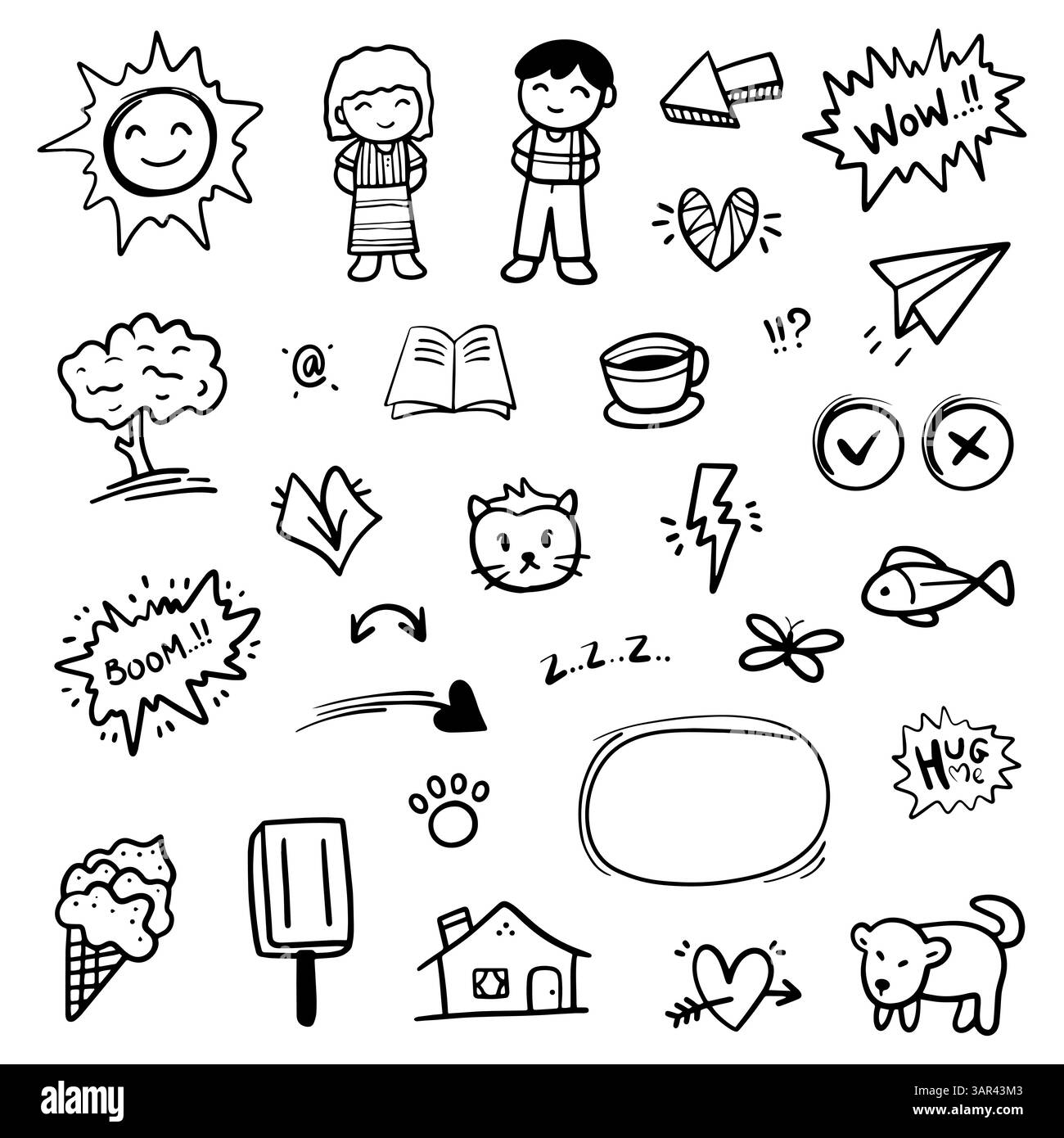 Hand drawn abstract thin line doodle set of objects, in Vector ...