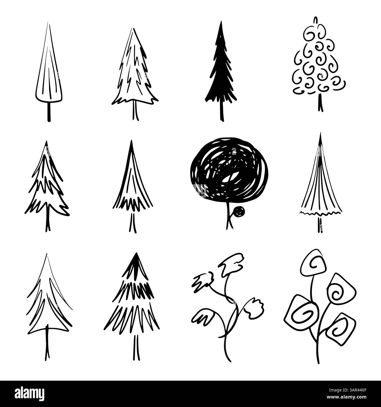 Vector abstract doodle hand drawn set black thin line trees in vector ...