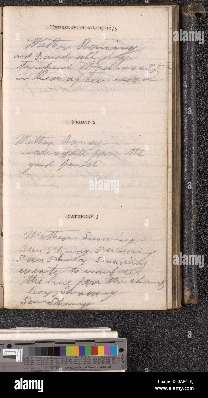 This 1875 diary includes daily entries documenting personal activities ...