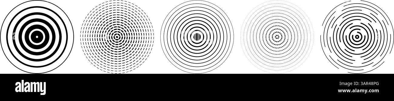 Black concentric circles set. Rippled and dashed sound wave rings ...