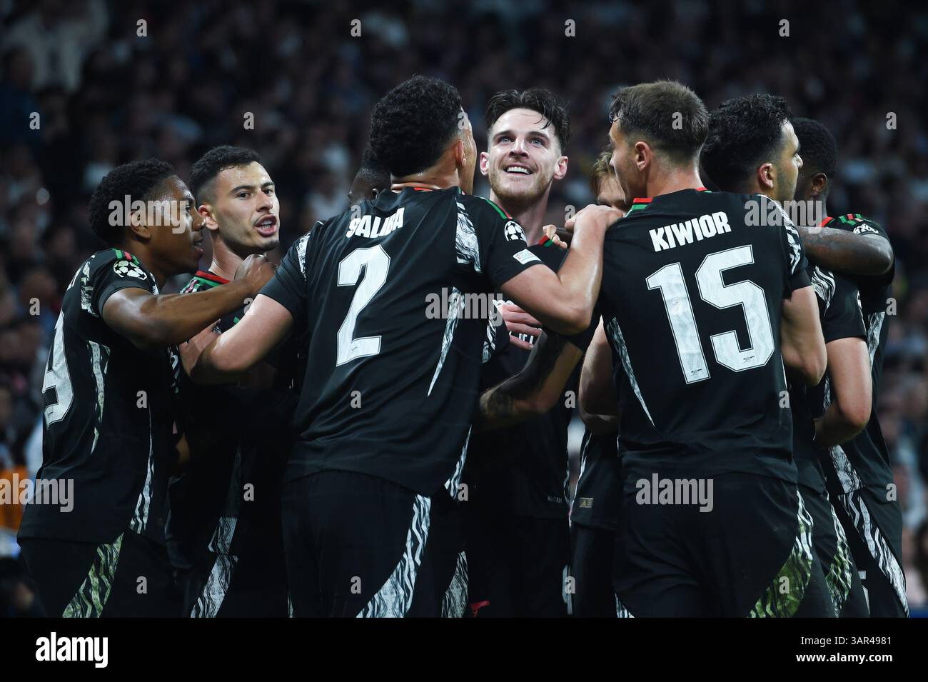 Madrid, Spain. 16th Apr, 2025. Players of Arsenal celebrate a goal by ...