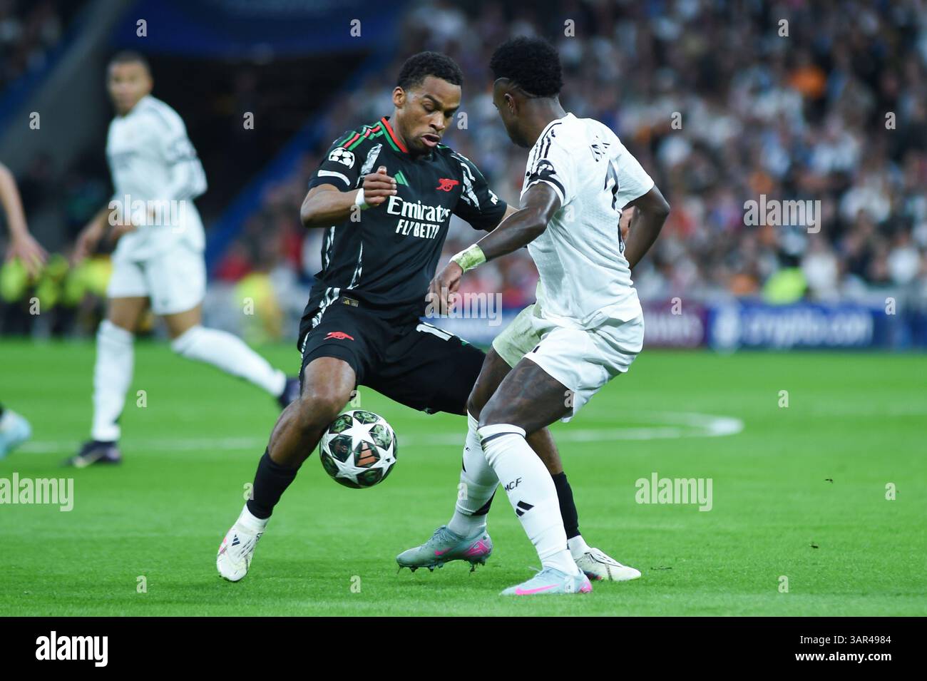 Madrid, Spain. 16th Apr, 2025. Vinicius Junior (R) of Real Madrid vies ...