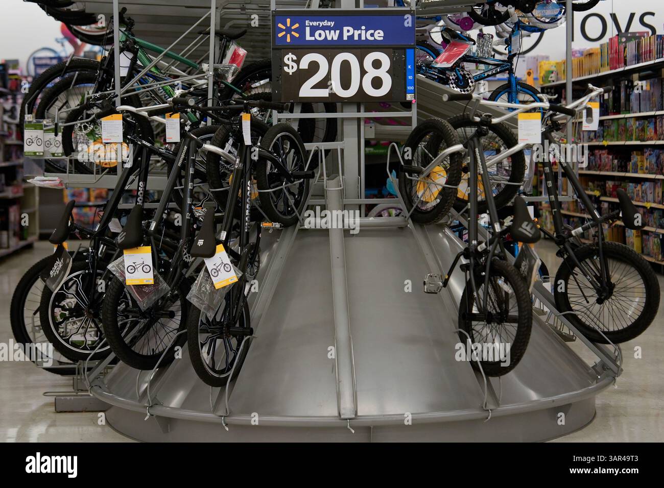 Bicycles are displayed at a Walmart, Wednesday, April 16, 2025, in ...