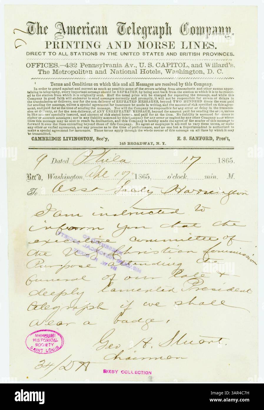 A telegram sent by George H. Stuart, Chairman of the American Telegraph ...