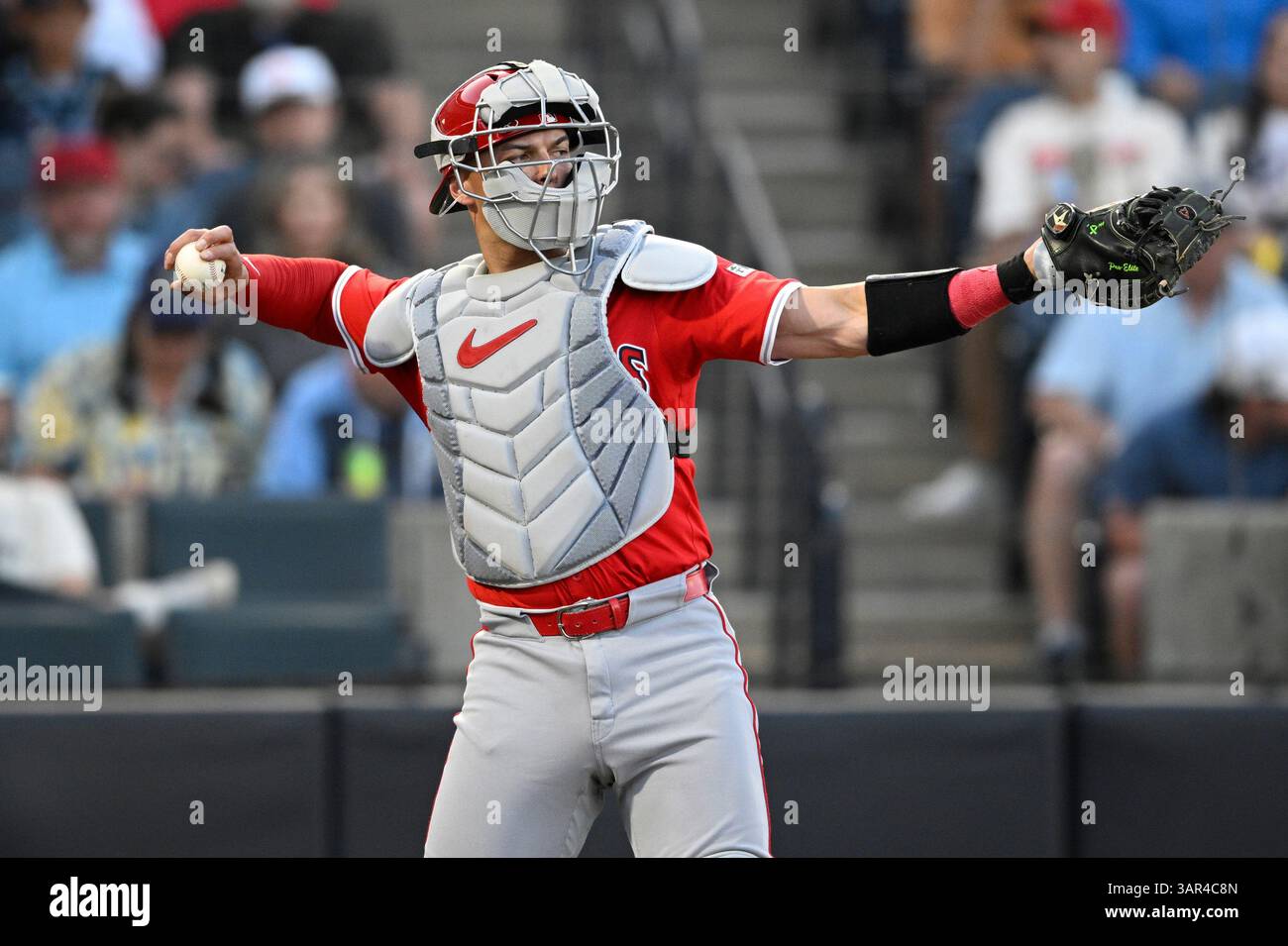 Los Angeles Angels catcher Logan O'Hoppe throws during the first inning of a baseball game ...