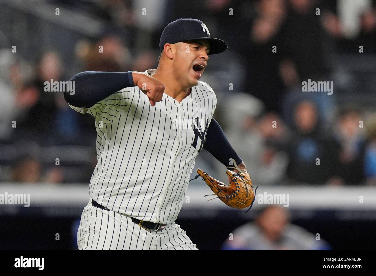 New York Yankees pitcher Fernando Cruz celebrates after a baseball game ...
