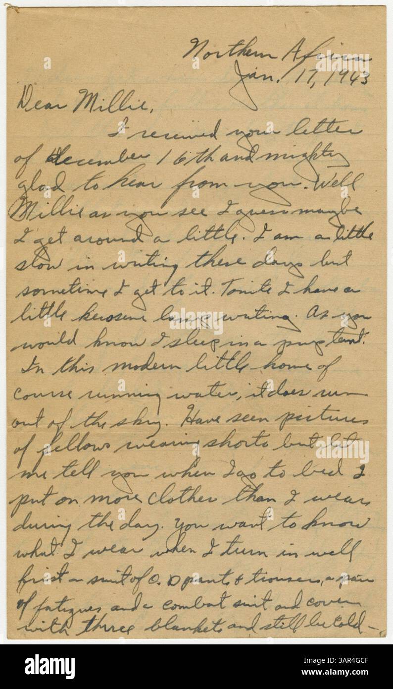 This letter, dated January 17, 1943, from John Cunningham in Northern Africa to Miss Mildred ...