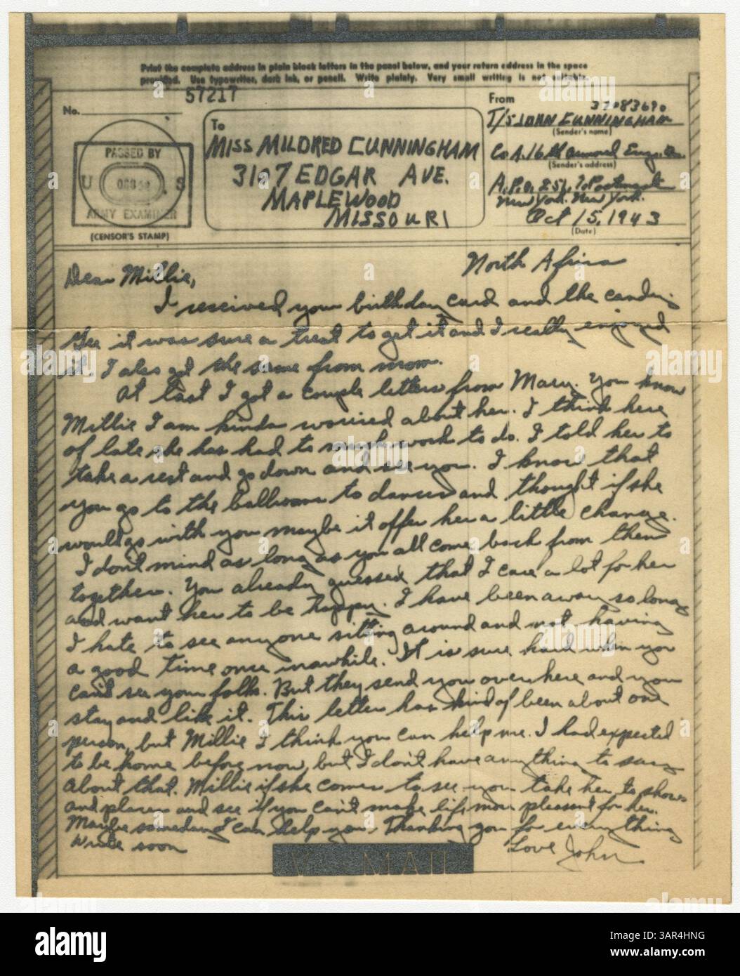 V-mail letter from John Cunningham, stationed in North Africa, to Mildred Cunningham, dated ...