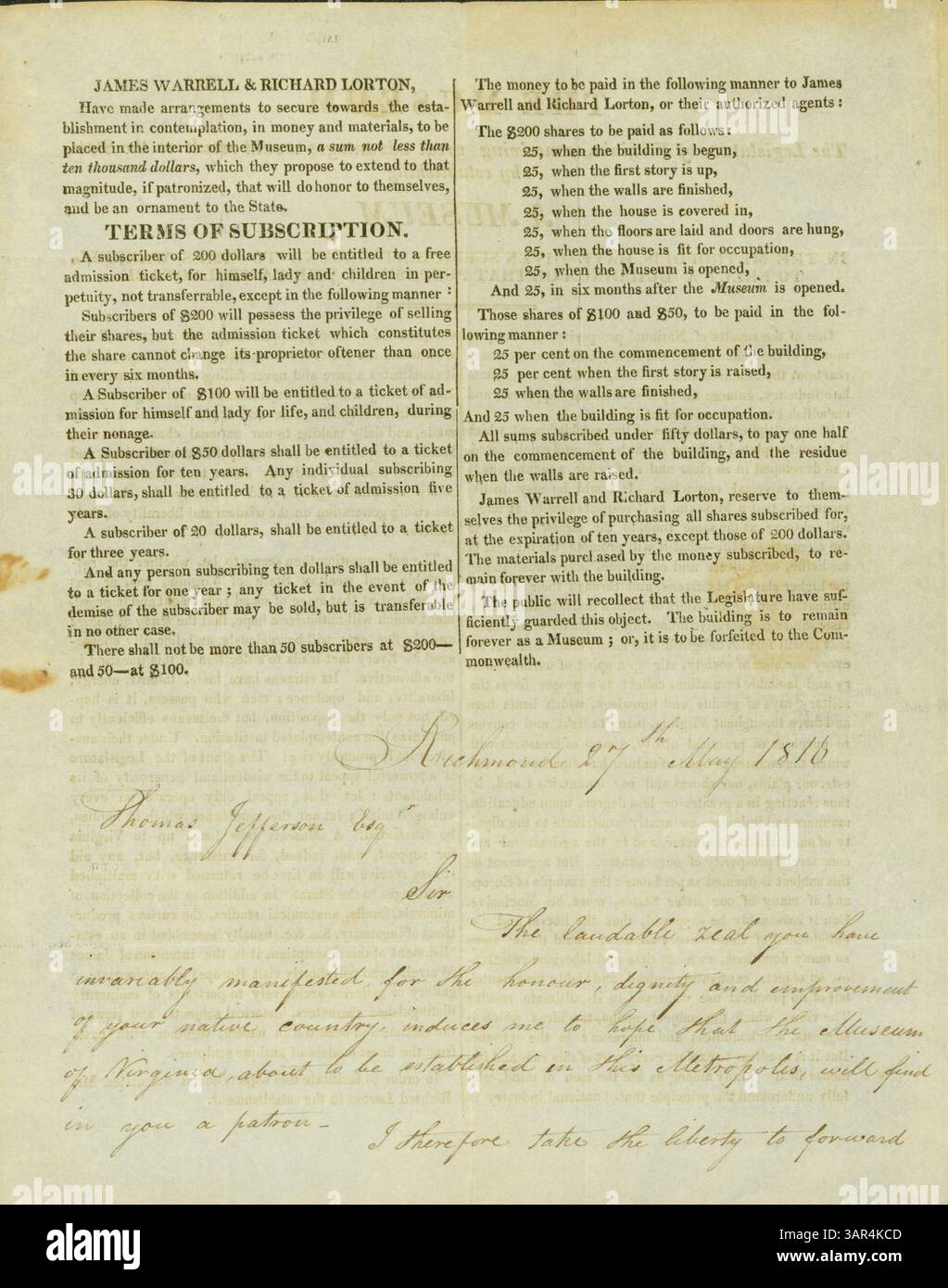 James Warrell's letter to Thomas Jefferson, dated May 27, 1816 ...